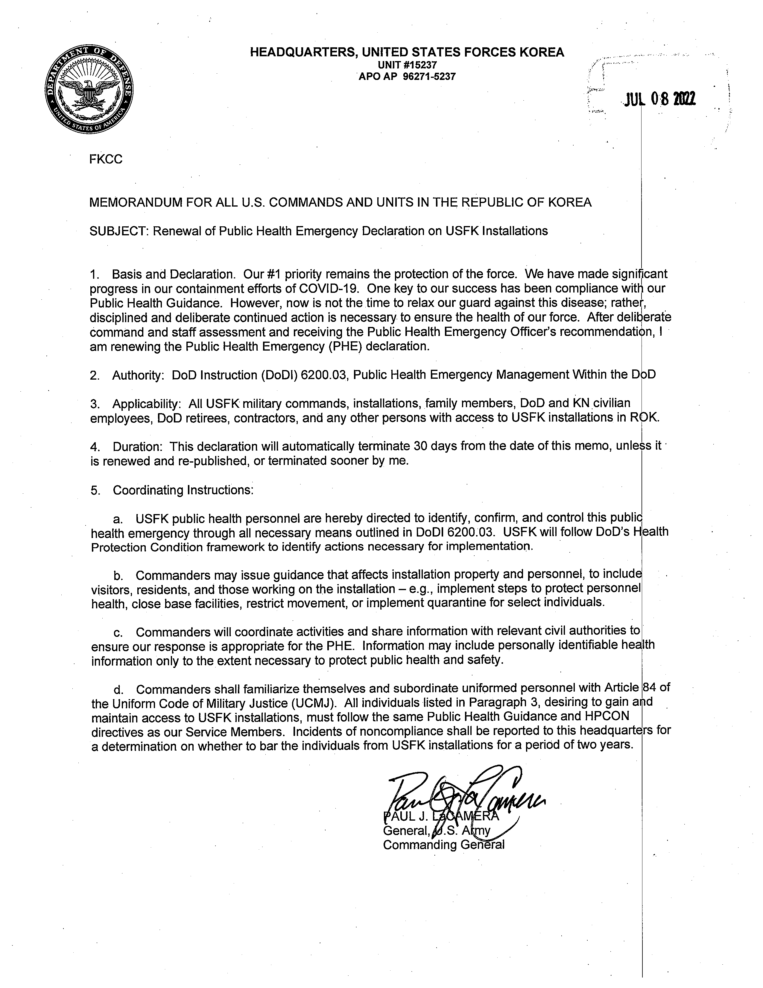 Public Health Emergency Declaration on USFK Installations Renewed ...