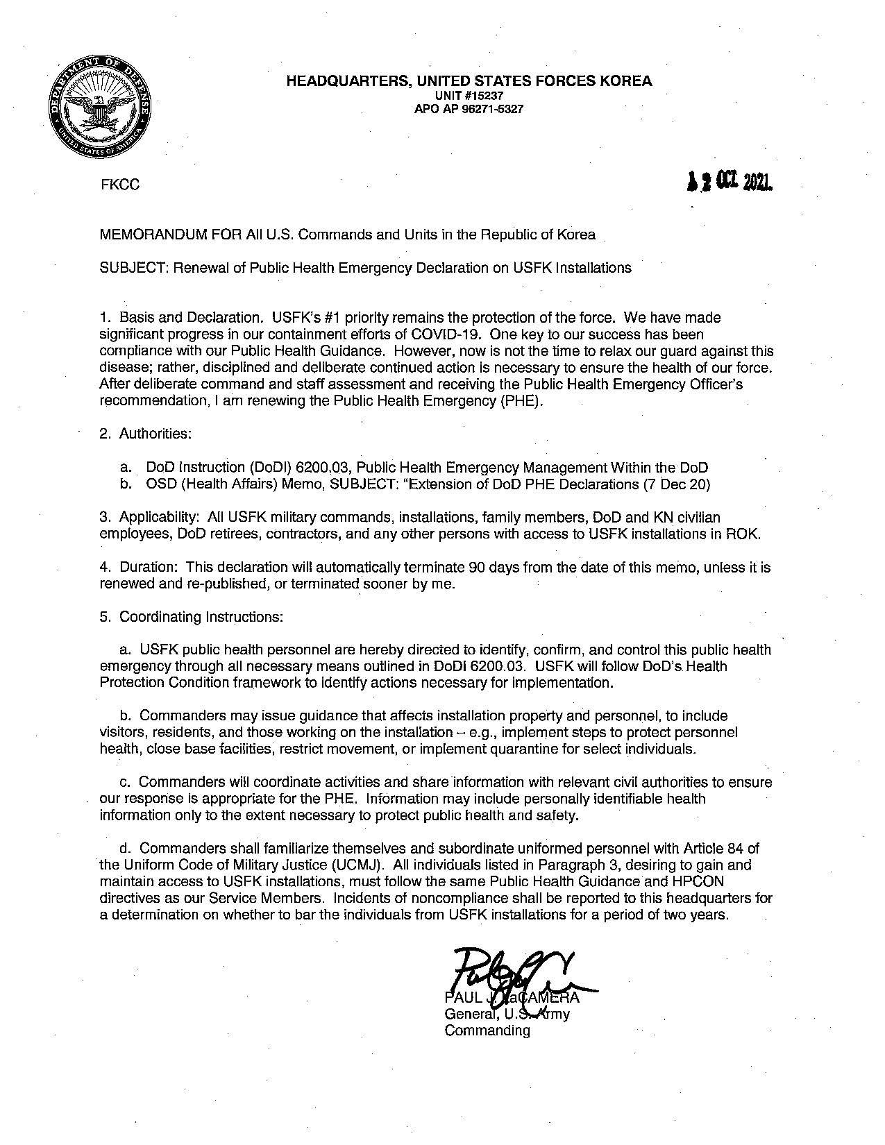 Public Health Emergency Declaration on USFK Installations Renewed ...